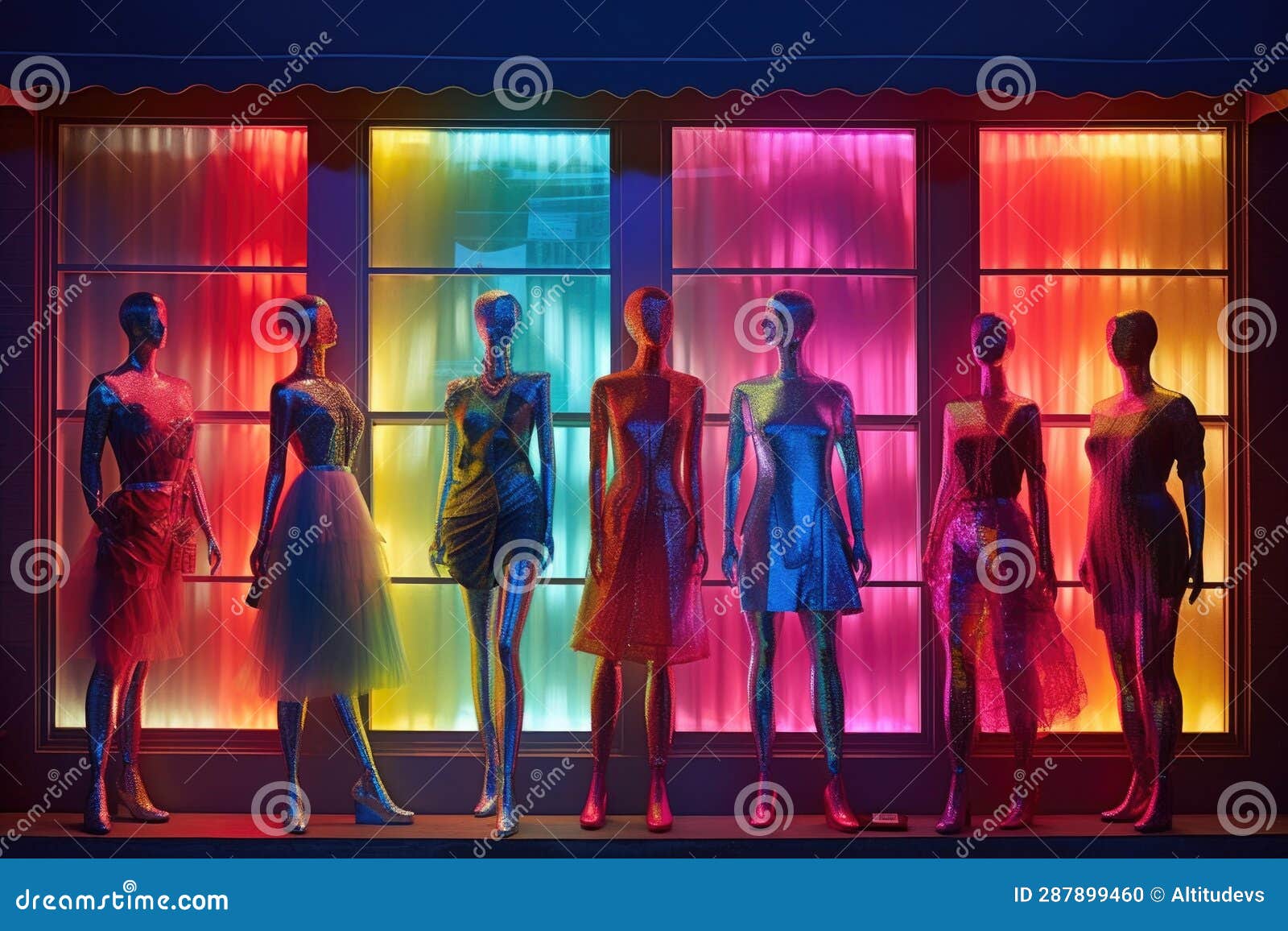 Creative Window Display with Mannequins and Colorful Lighting Stock ...