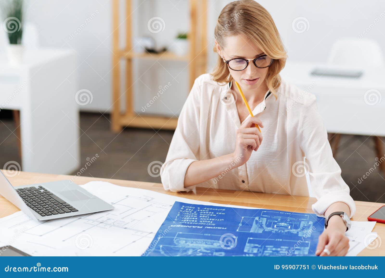 Creative Woman Investigating the Engineering Project at Work Stock ...