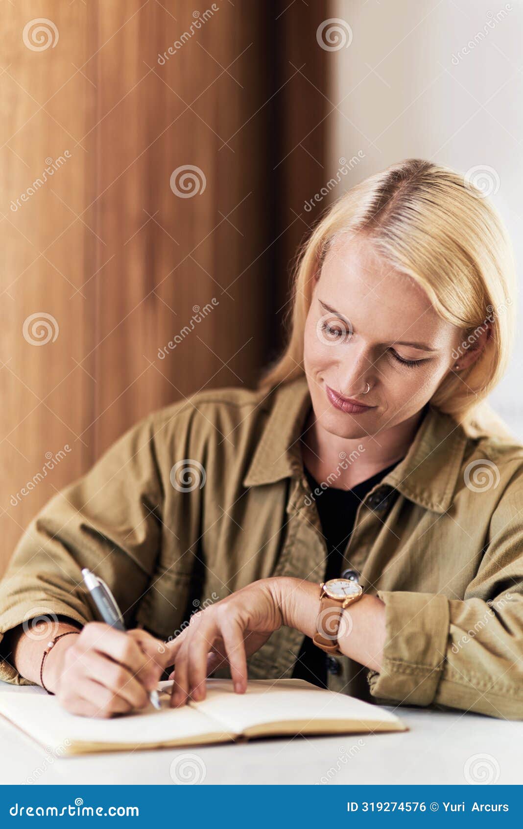 Creative, Woman and Writing Notes in Journal with Planning of Schedule ...