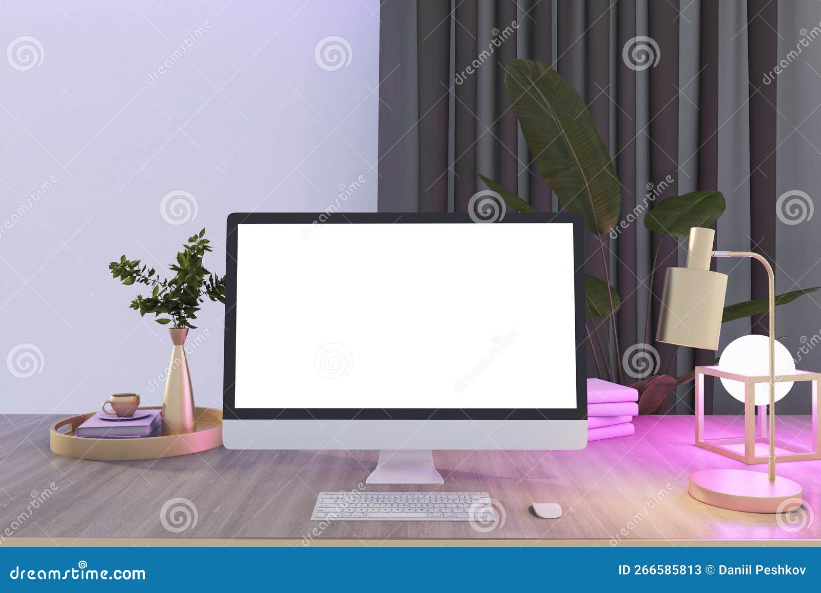 Creative Wooden Designer Office Desktop with Blank White Computer ...