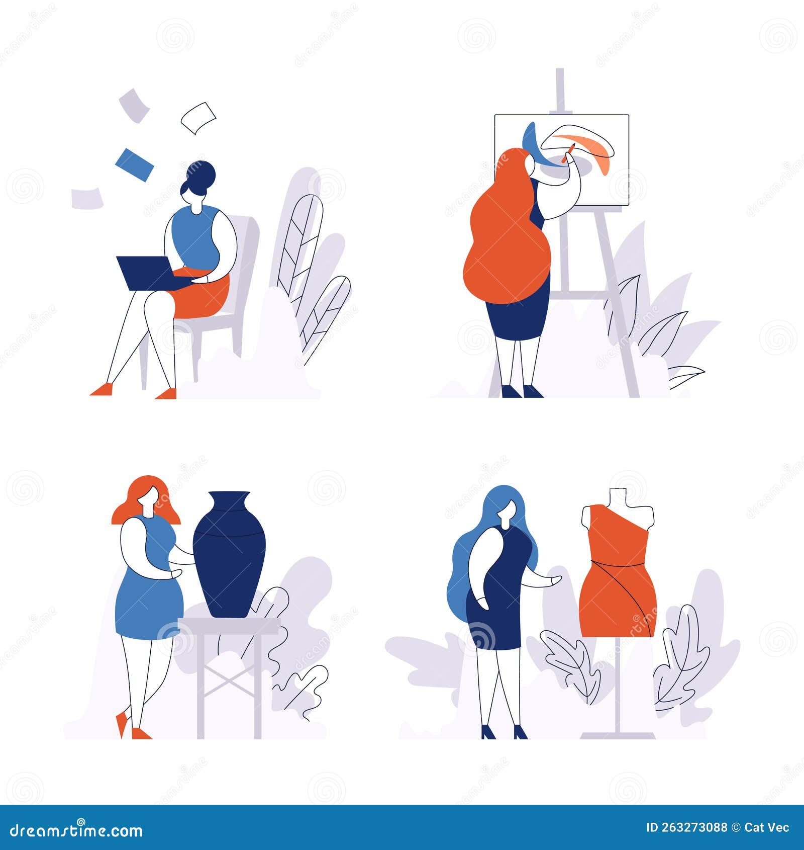 Creative Work For Woman Set Of Isolated On White Vector Illustrations