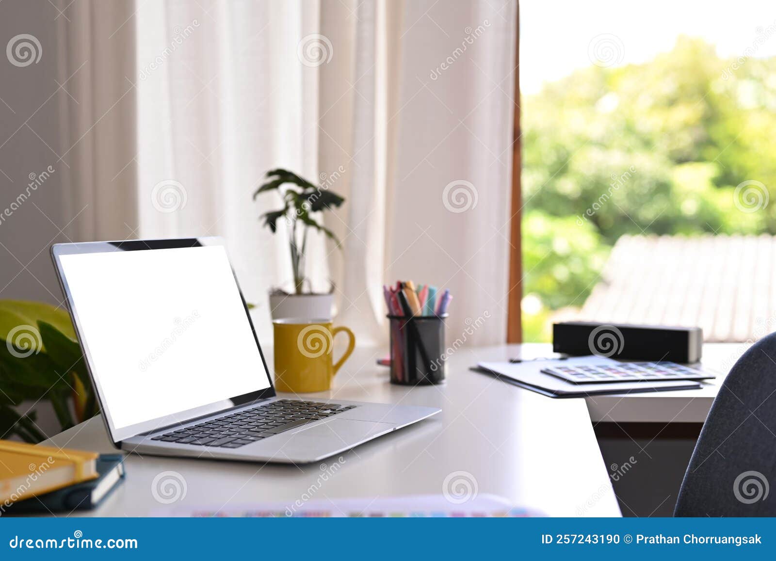 Creative Working Desk with Laptop Computer, Coffee Cup, Stationery and ...