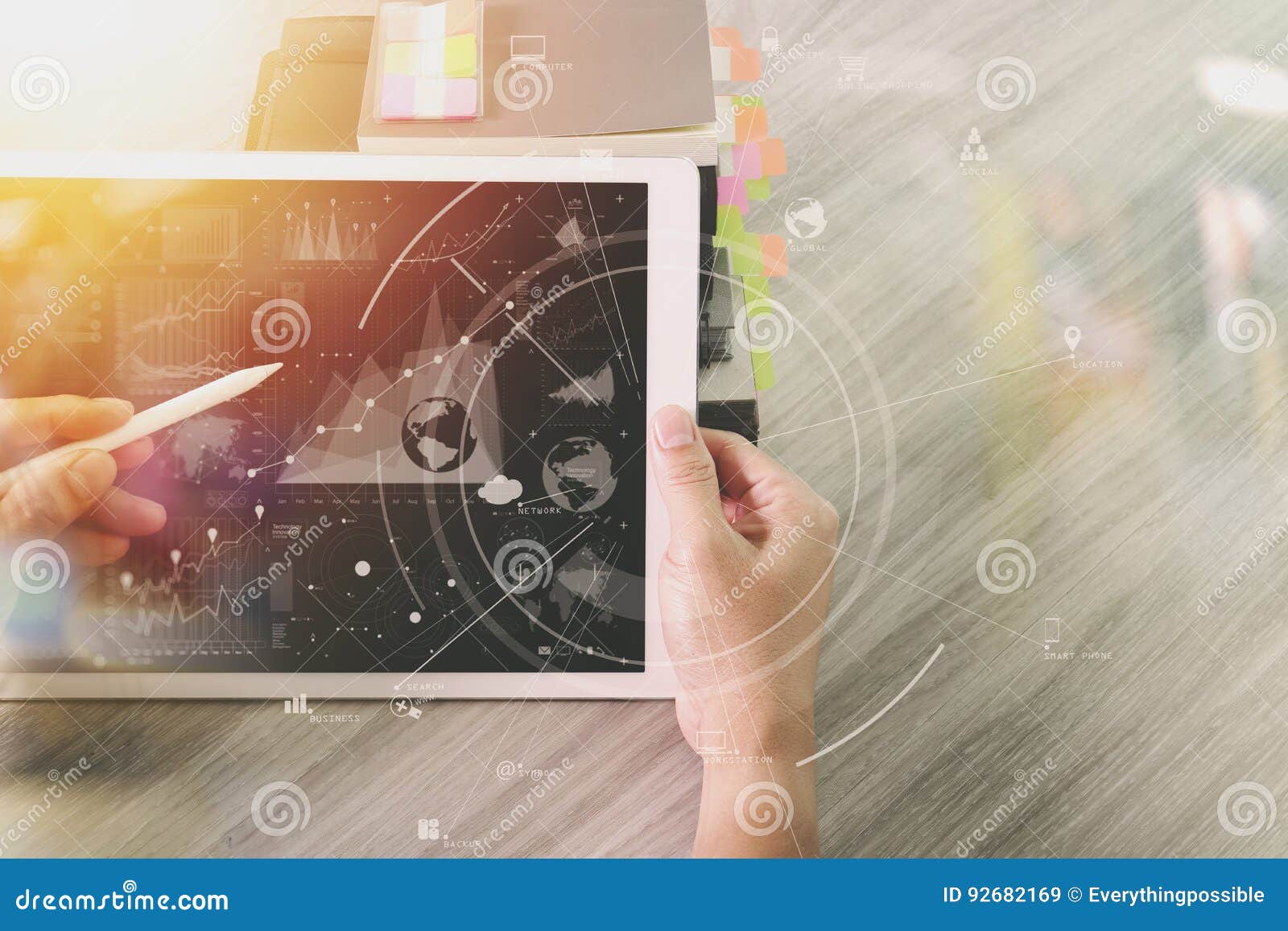 Creative Working with Digital Computer and Book with Document on Stock ...