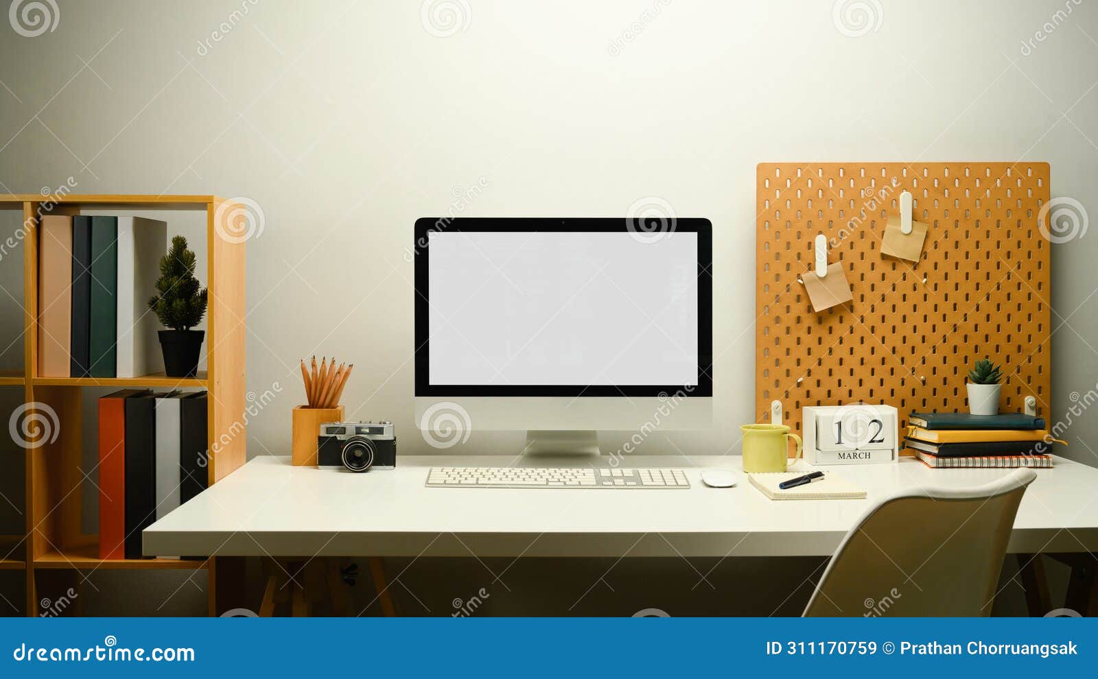 Creative Workplace with Blank Computer Monitor, Camera, Coffee Cup and ...