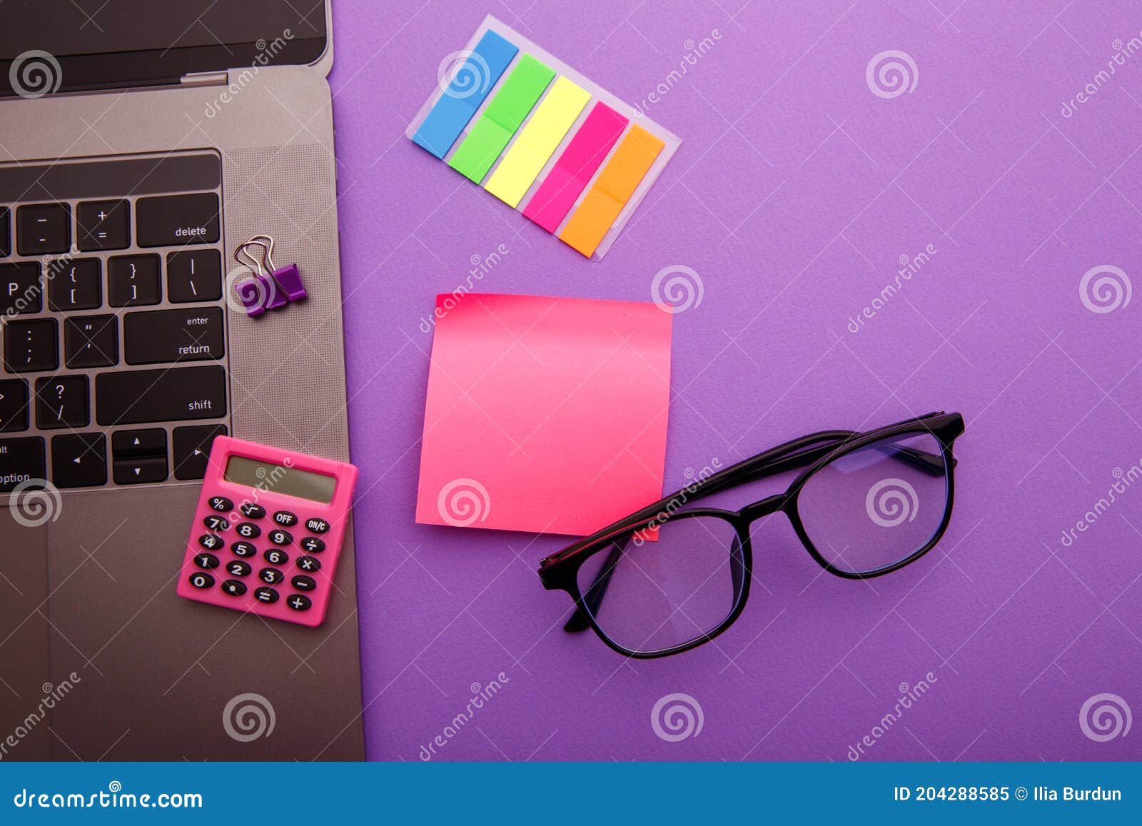 Creative Workplace with Calculator, Laptop and Pink Sticky Note Stock ...