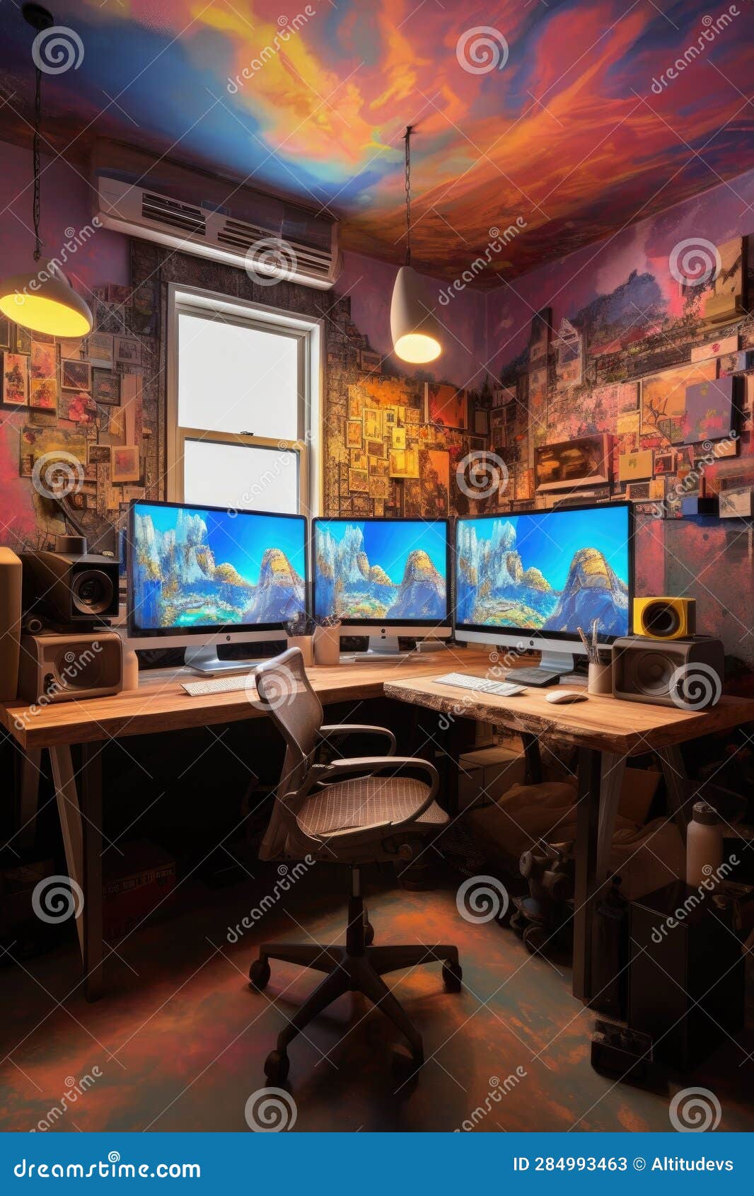 Creative Workplace with Computer Monitors and Inspirational Wall Art ...