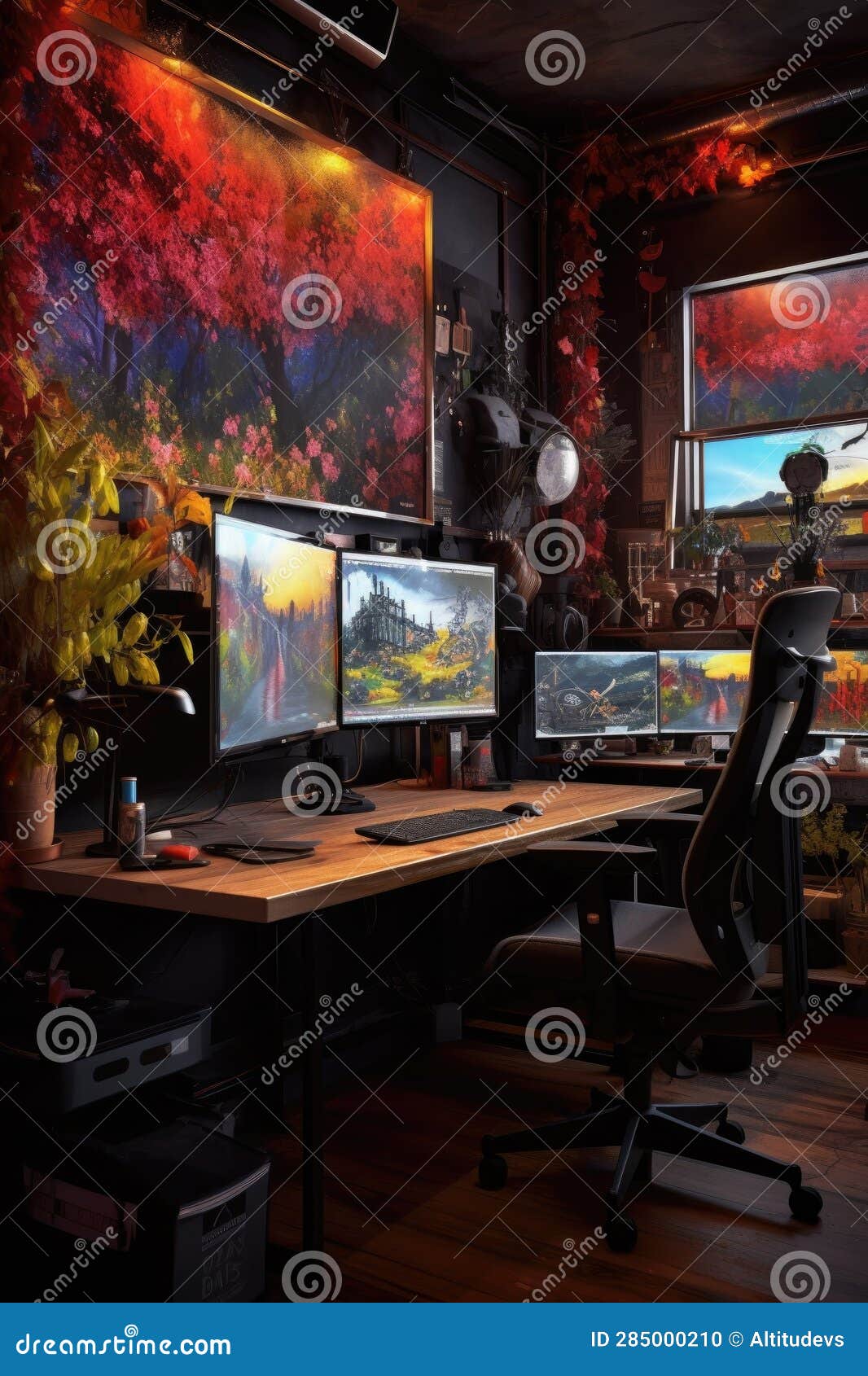 Creative Workplace with Computer Monitors and Inspirational Wall Art ...