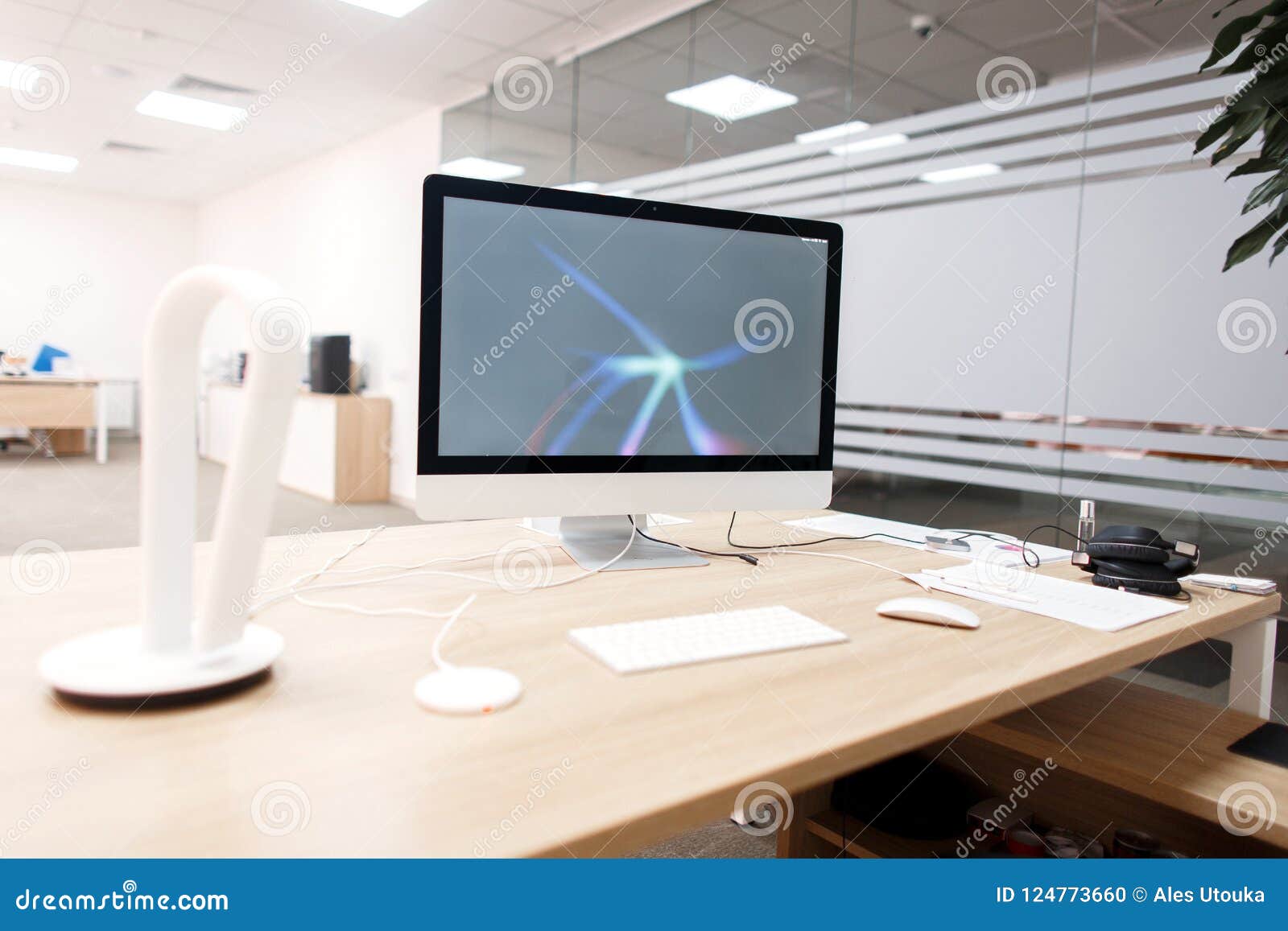 Creative Workplace with Computer on White Table in Office Stock Photo ...