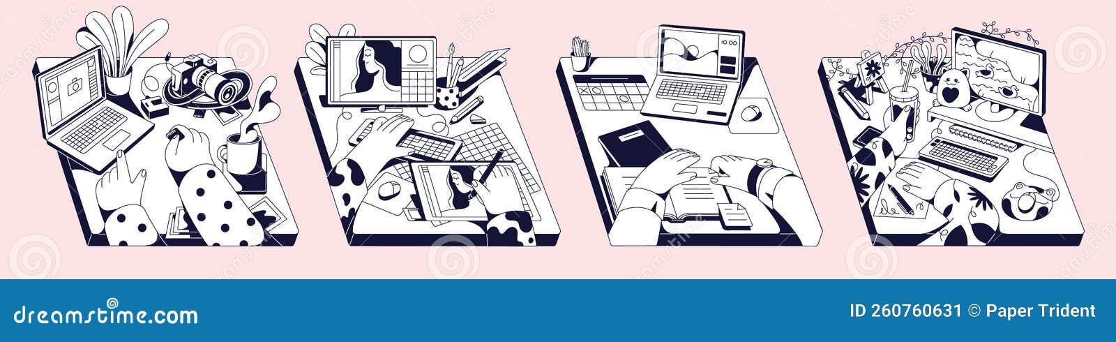 Creative Workplaces Set. Laptop Computers on Desk with Hands during ...