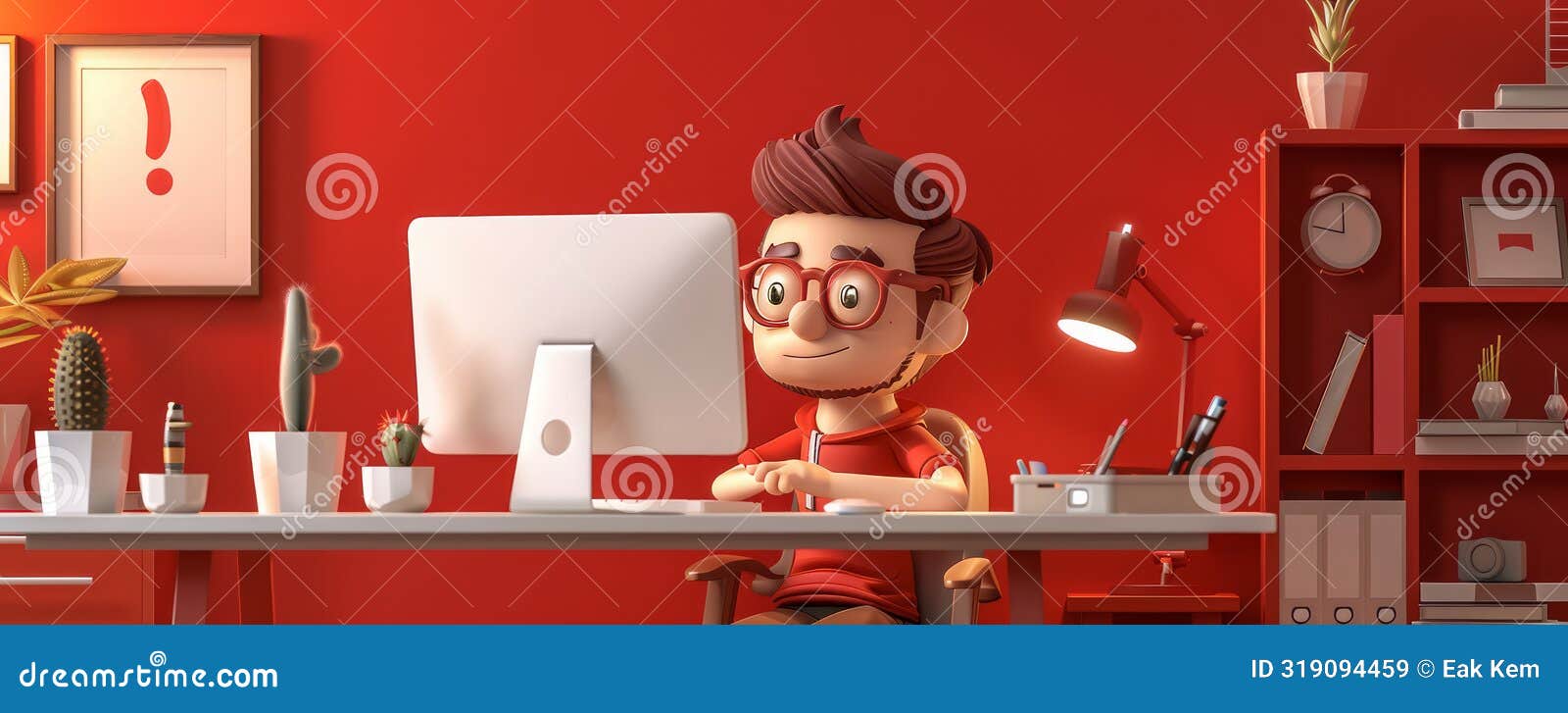 Creative Workspace with Animated Character Working on Computer in a ...