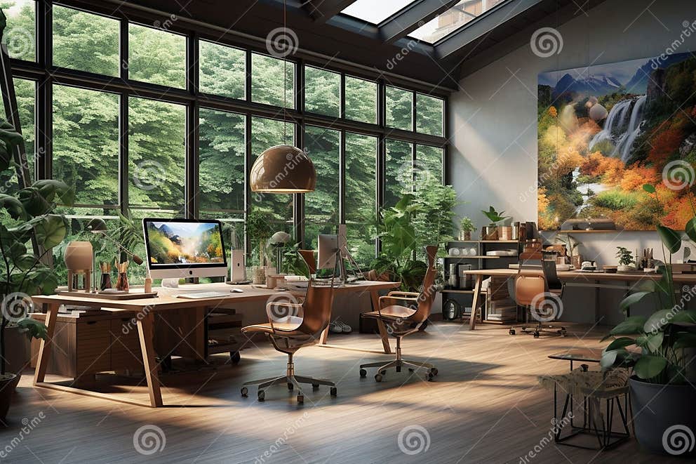 Creative Workspace with Art and Plants in a Stock Illustration ...