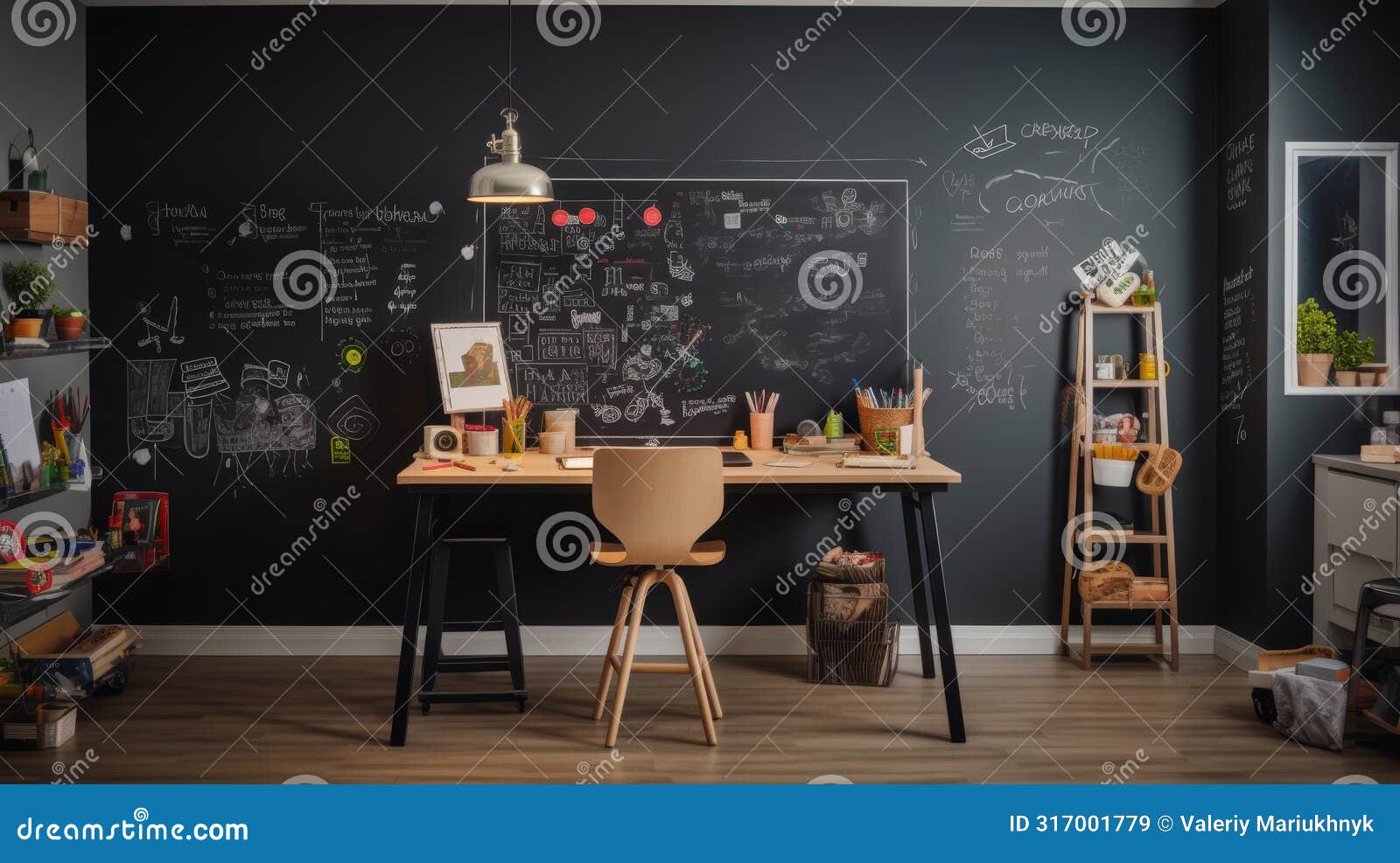 Creative Workspace with Chalkboard Wall Full of Drawings and Notes ...