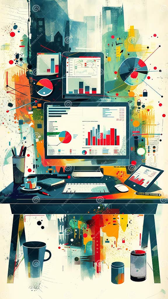 Creative Workspace with Colorful Business Charts and Graphs on a Desk ...