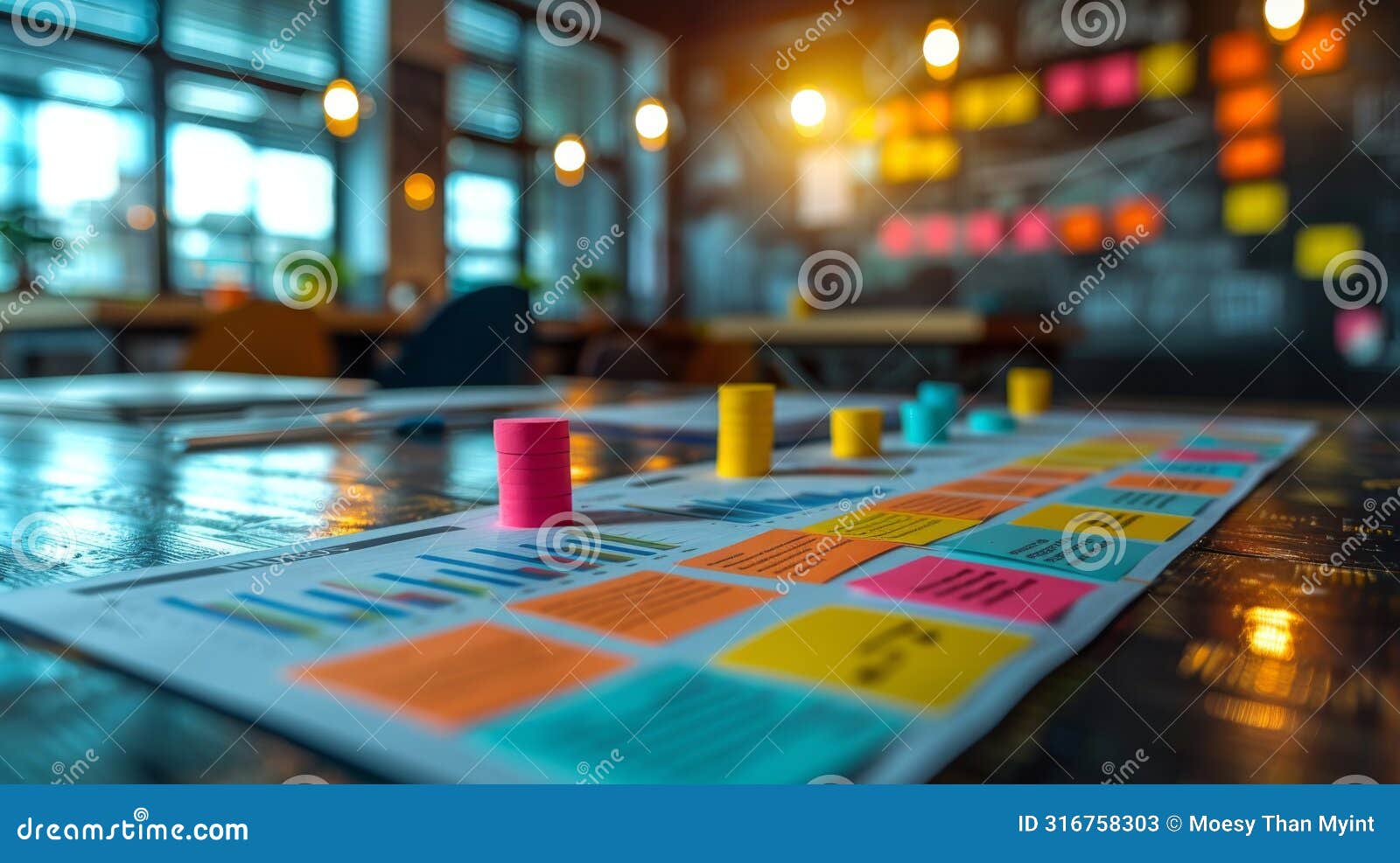 A Creative Workspace with Colorful Sticky Notes and Stacks of Coins on ...