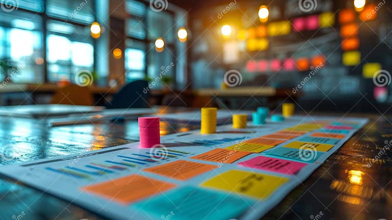 A Creative Workspace with Colorful Sticky Notes and Stacks of Coins on ...