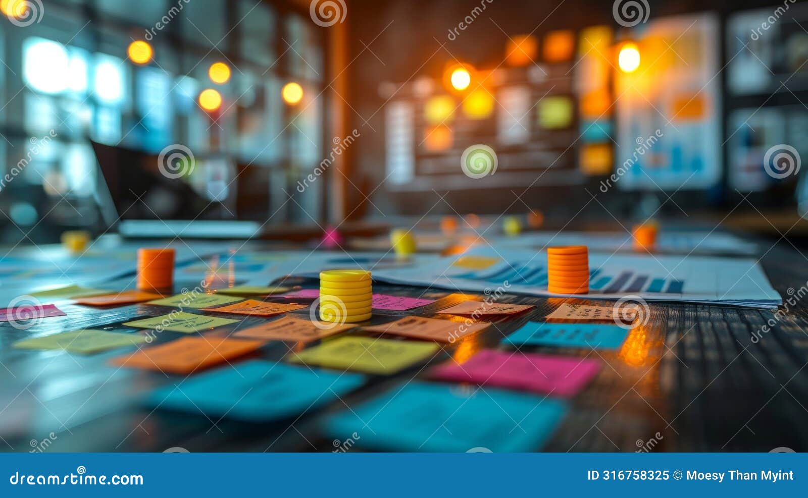 A Creative Workspace with Colorful Sticky Notes and Stacks of Coins on ...