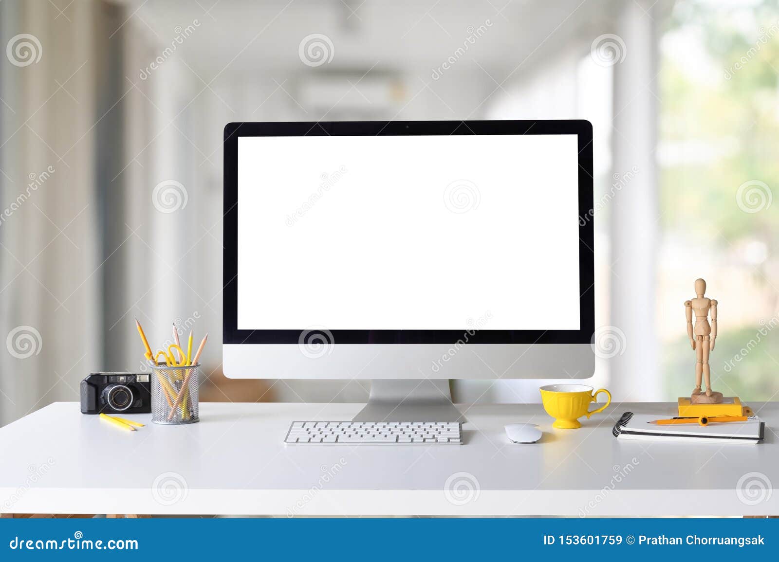 Creative Workspace Computer Mockup, Coffee, Camera and Office Supply on ...