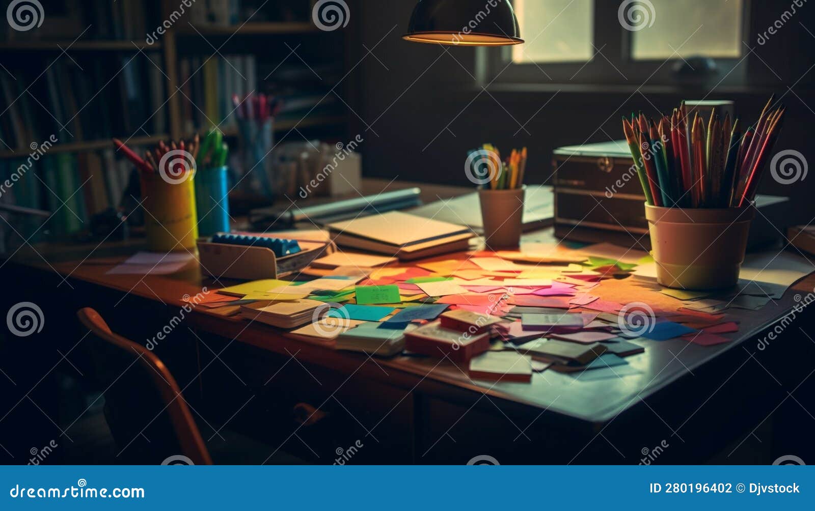 Creative Workspace Desk with Multi Colored Paper, Pencils, and Crayons ...