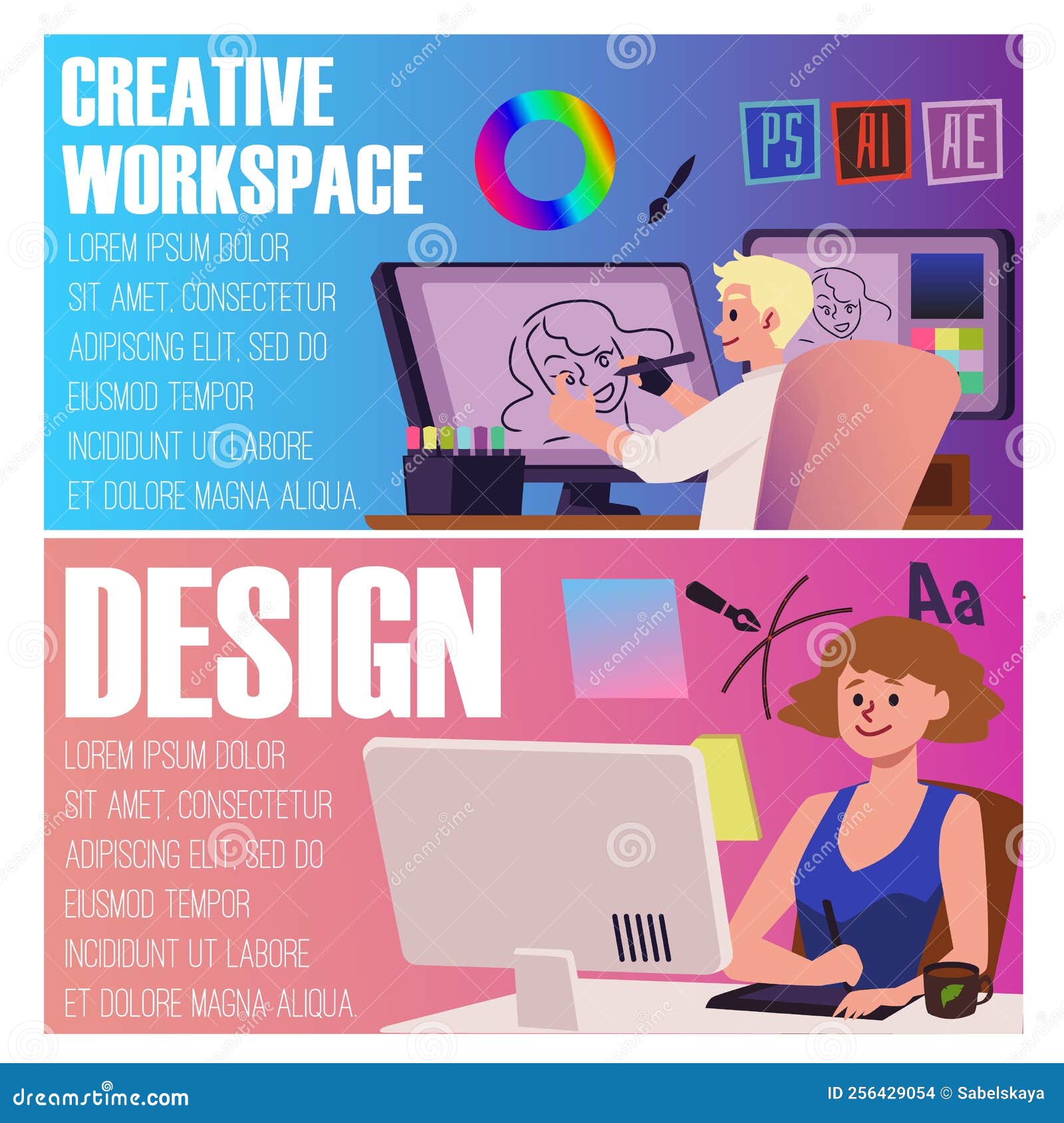 Creative Workspace for Digital Artists and Designers, Flat Vector ...