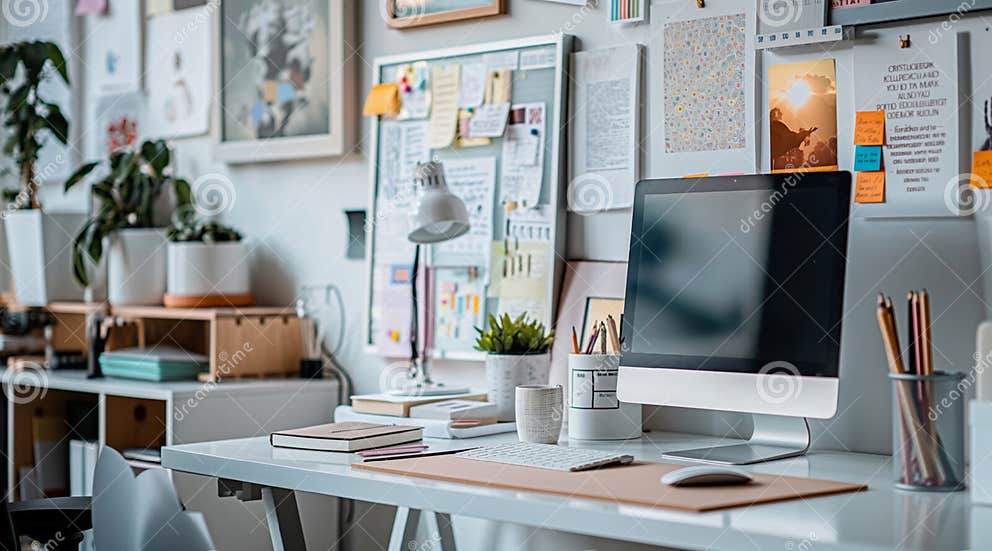 Creative Workspace with Desktop Computer and Inspiration Board for ...