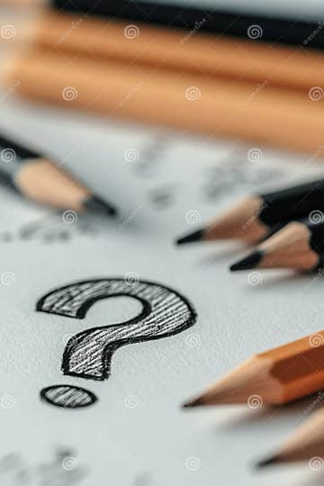 Creative Workspace with a Question Mark Drawn in Charcoal among Pencils ...