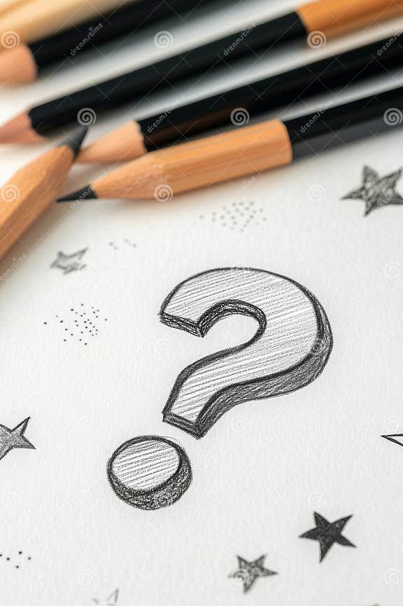 Creative Workspace with a Question Mark Drawn in Charcoal among Pencils ...