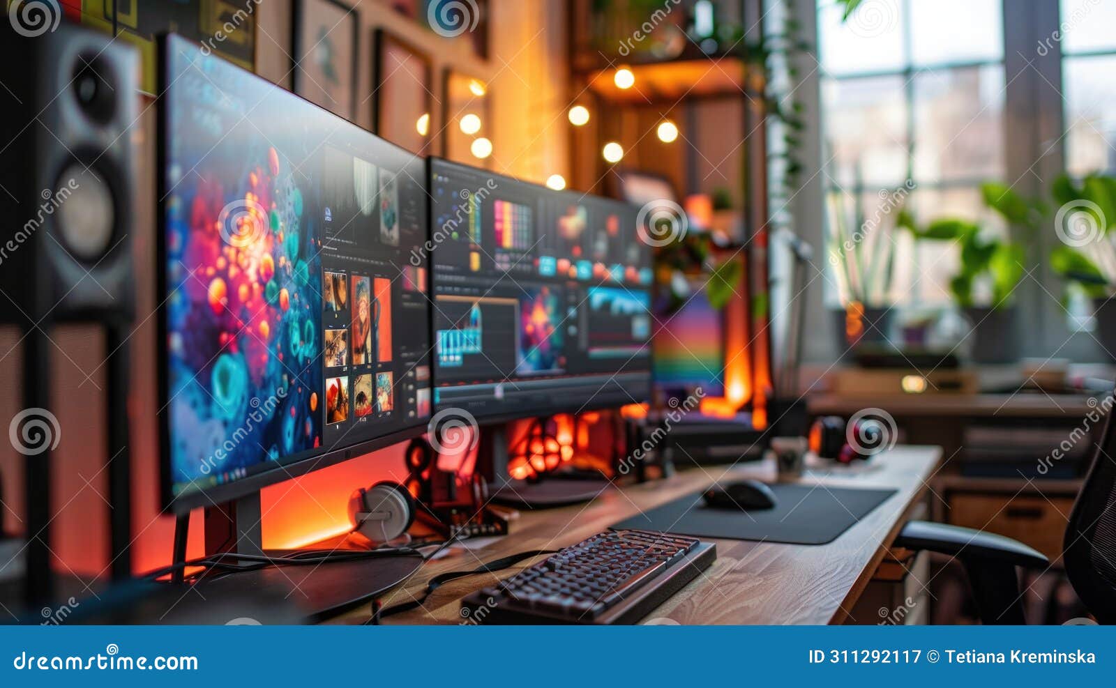 A Creative Workspace Setup with Dual Monitors, Graphic Tablet, and Mood ...