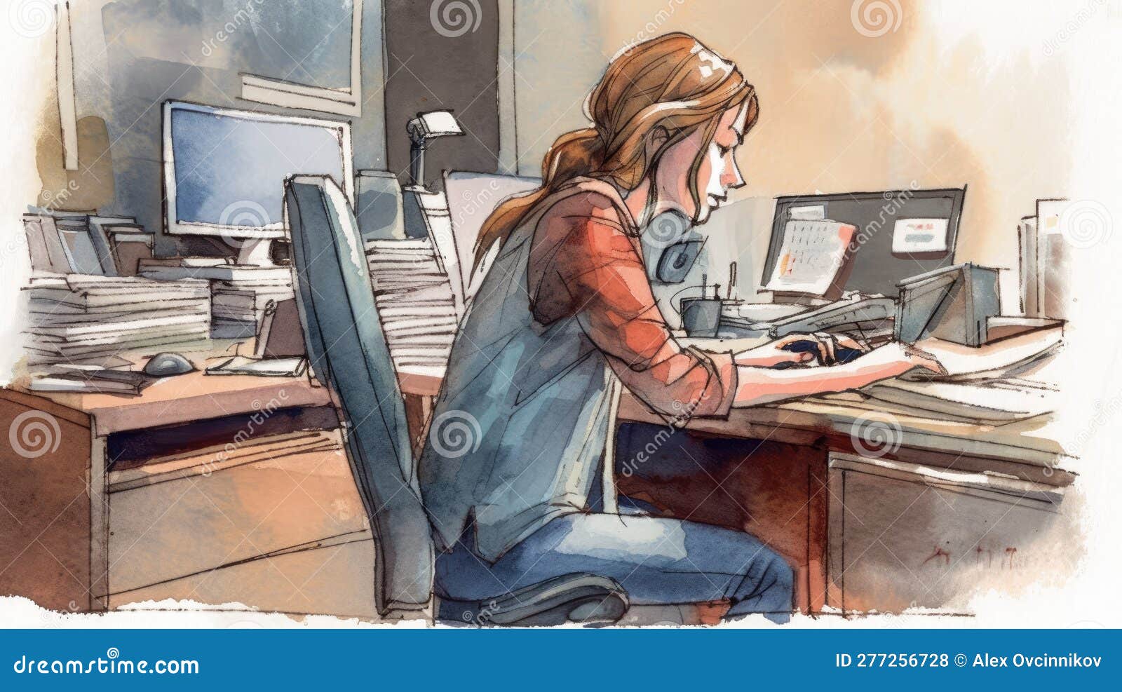Creative Workspace: Watercolor Illustration of Admin Working on ...