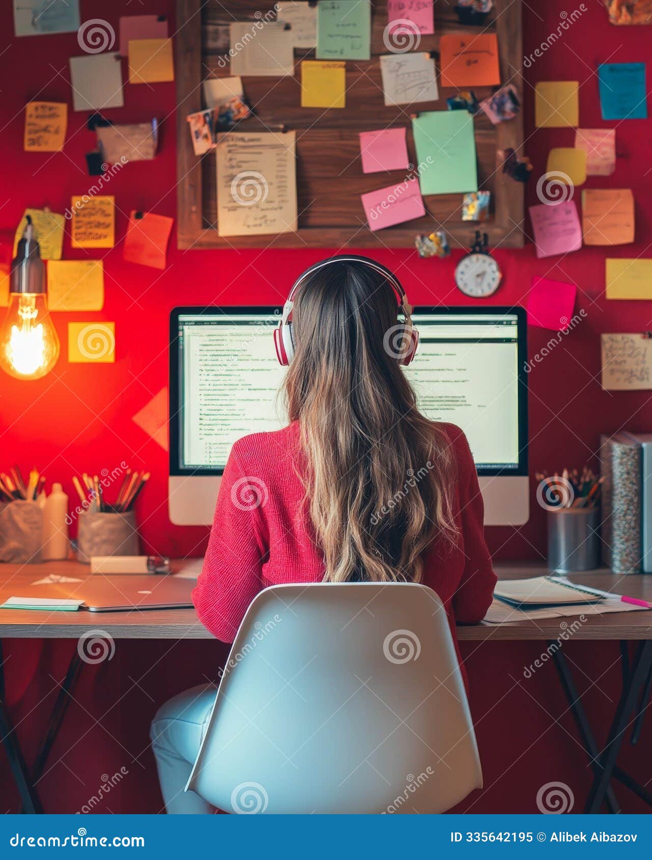 Creative Workspace with Woman Working on Computer and Colorful Sticky ...