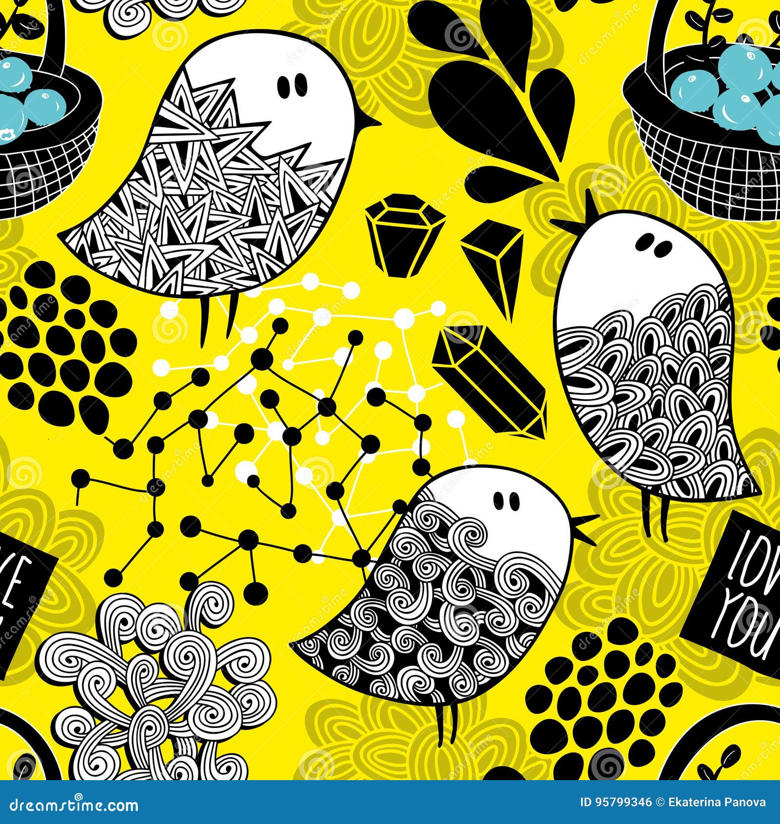 Creative Yellow Background with Doodle Birds, Crystals and Design ...