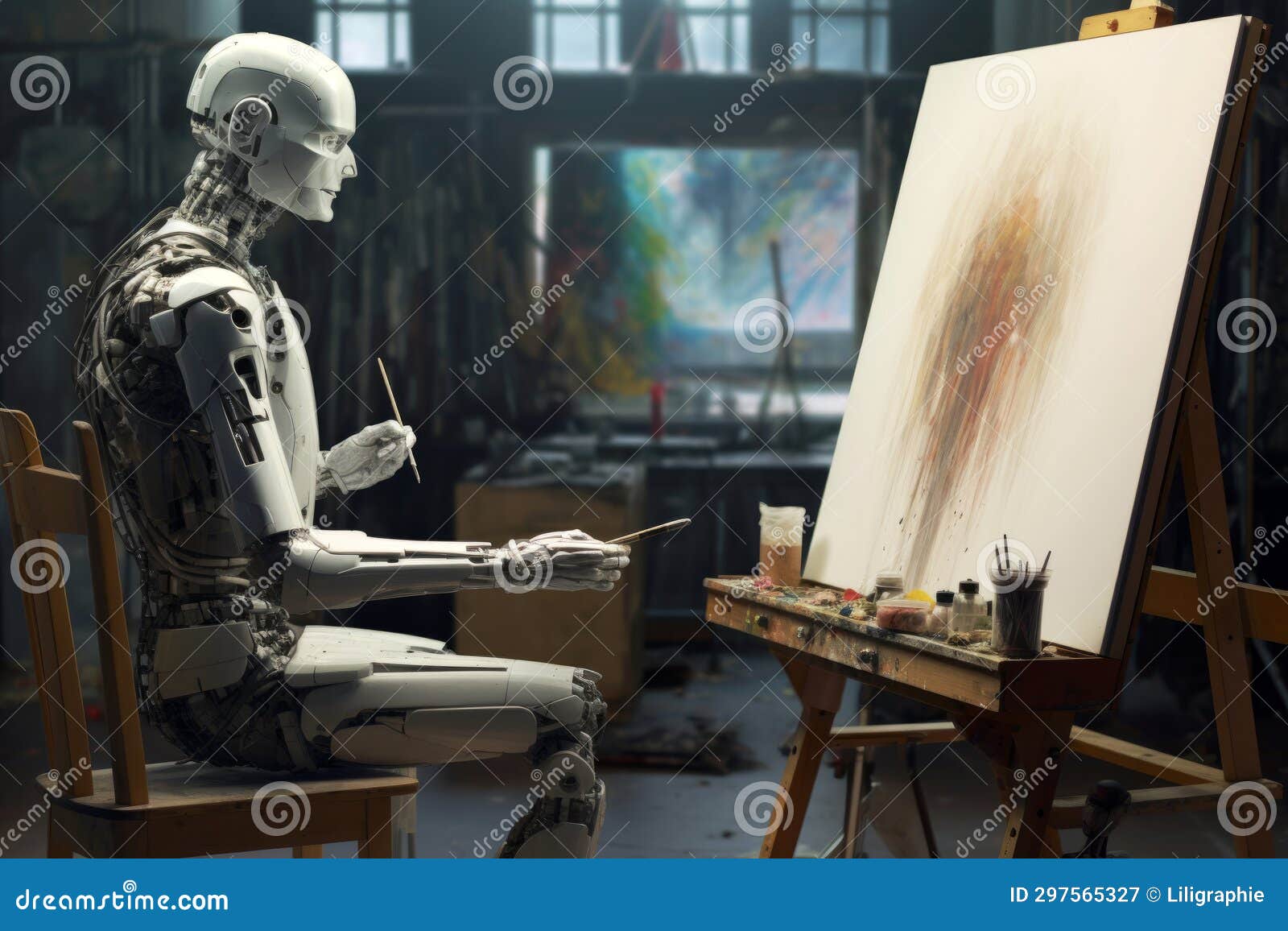 Creativity and Art Concept. Human-shaped Robot Seating in Paintimg ...