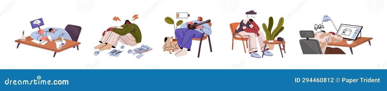 Creativity Burnout, Crisis Set. Sad Creative People with No Inspiration ...