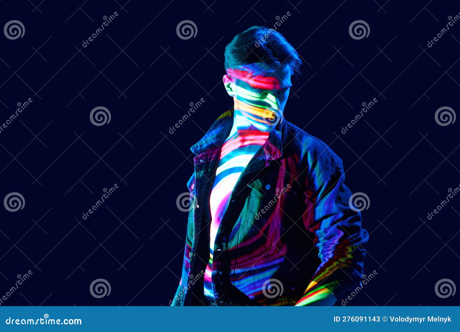 Creativity of Human Being. Handsome Young Guy with Digital Neon Filter ...