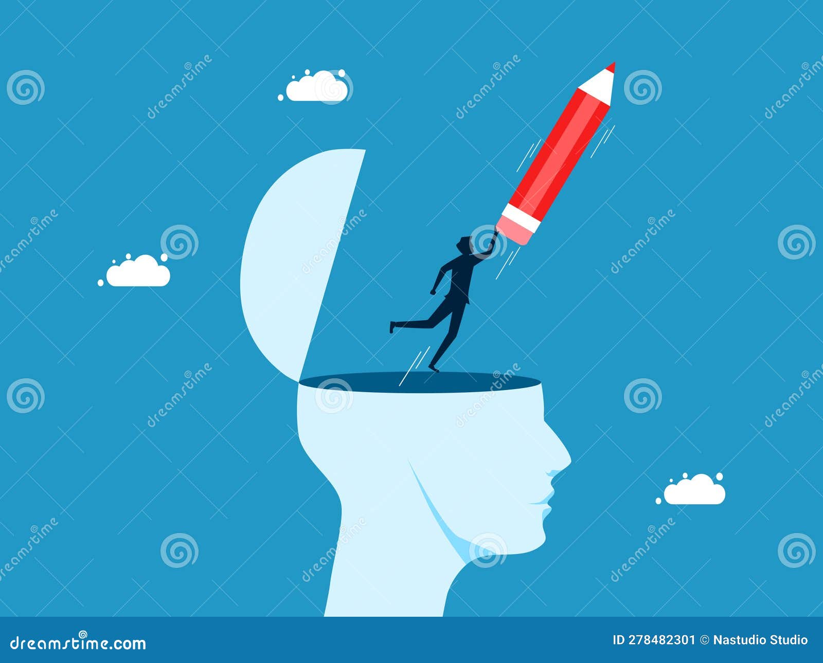 Creativity and Imagination. Man Flying with a Pencil from a Human Head ...