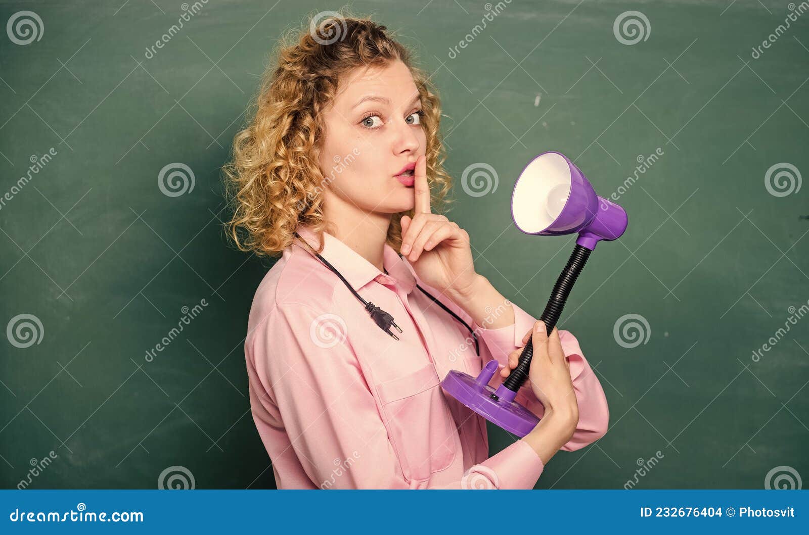 Creativity and Inspiration. Teacher Hold Table Lamp Chalkboard ...
