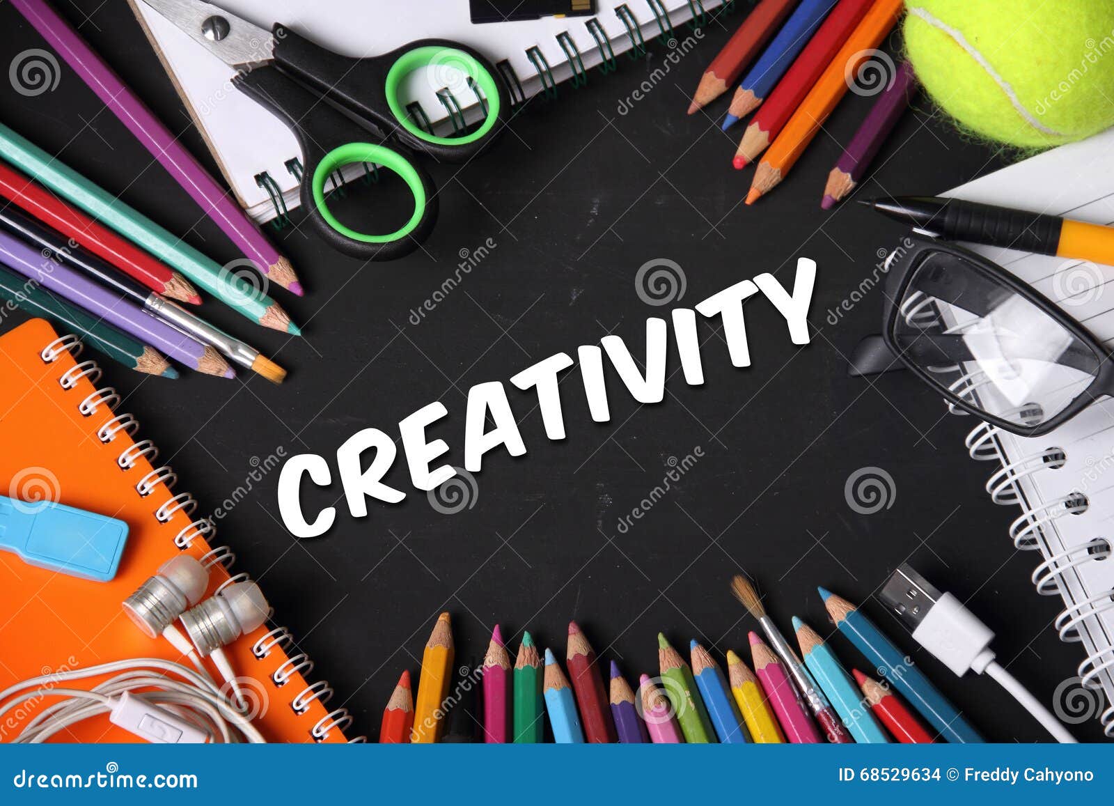 Creativity Objects on Blackboard Stock Photo - Image of board ...