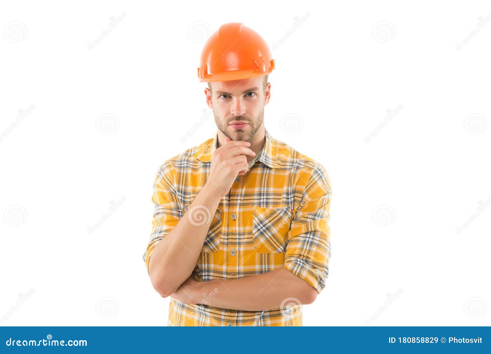 Creativity and Practice. Confident Strict Guy. Keep Head Safe in Helmet ...