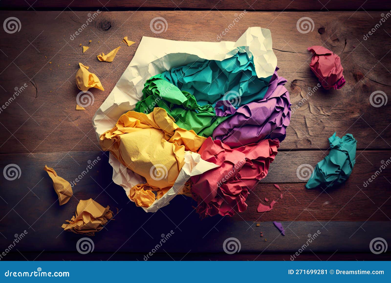Creativity Process Crumpled Colored Paper on Wooden Background Stock ...