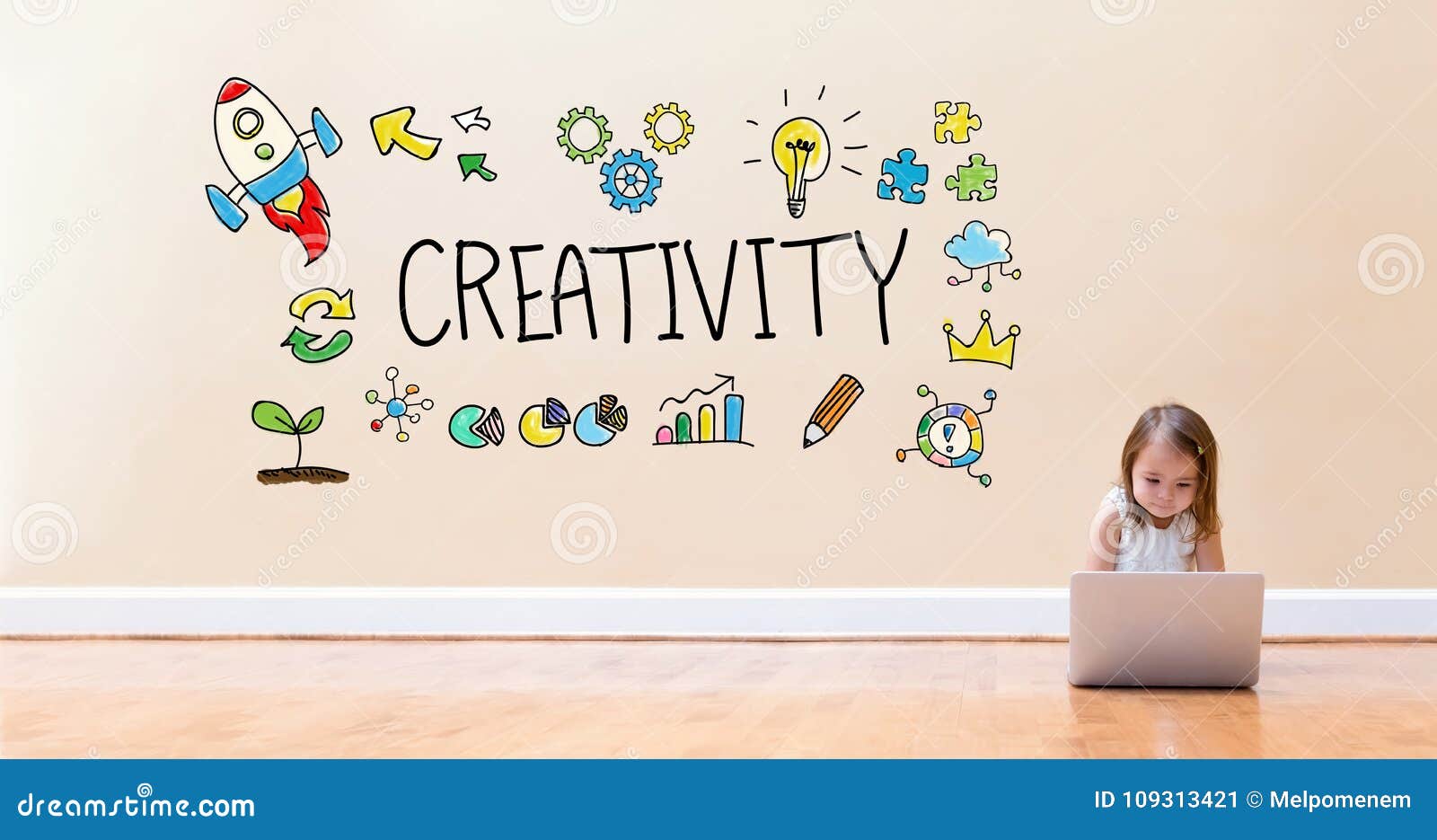 Creativity Text with Little Girl Using a Laptop Computer Stock Image ...