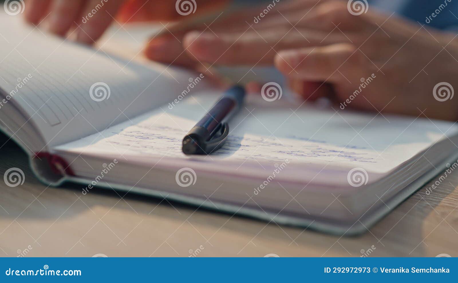 Creator Fingers Opening Notebook Table Workplace Close Up. Author Hands ...