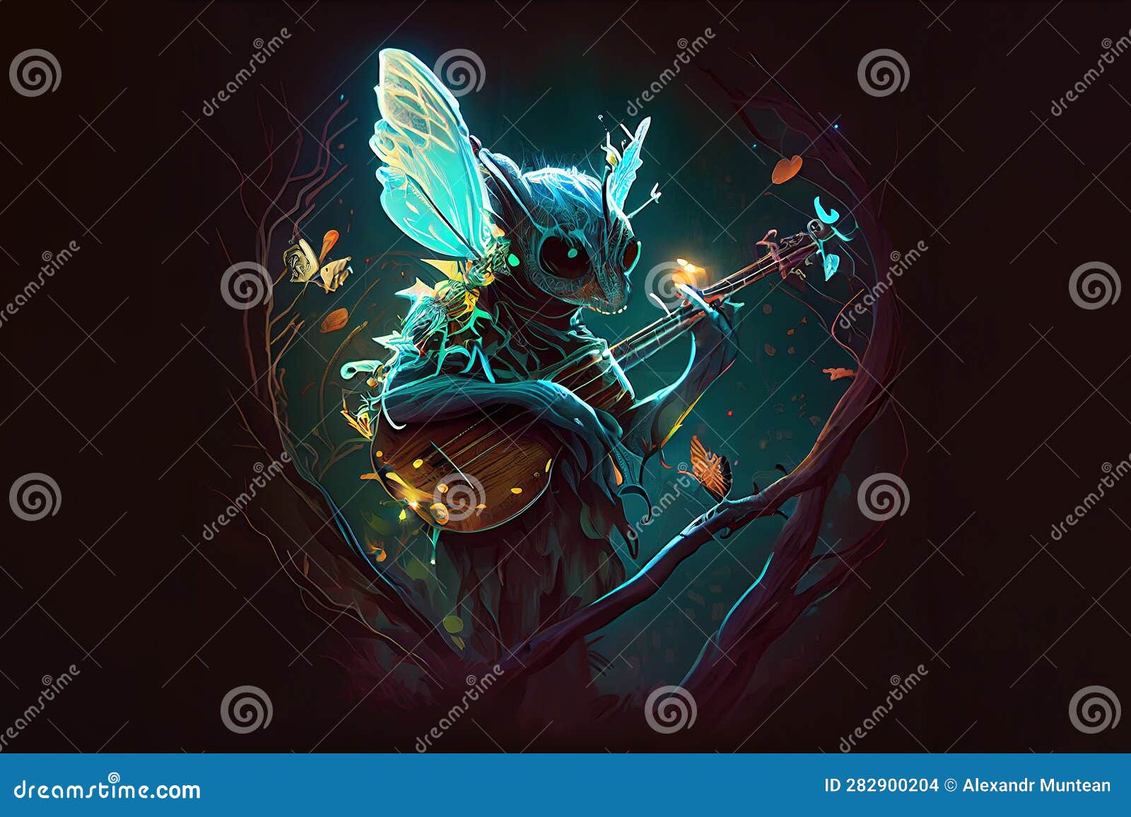 Creature with Branch Head Playing Magic Banjo String Instrument. Stock ...