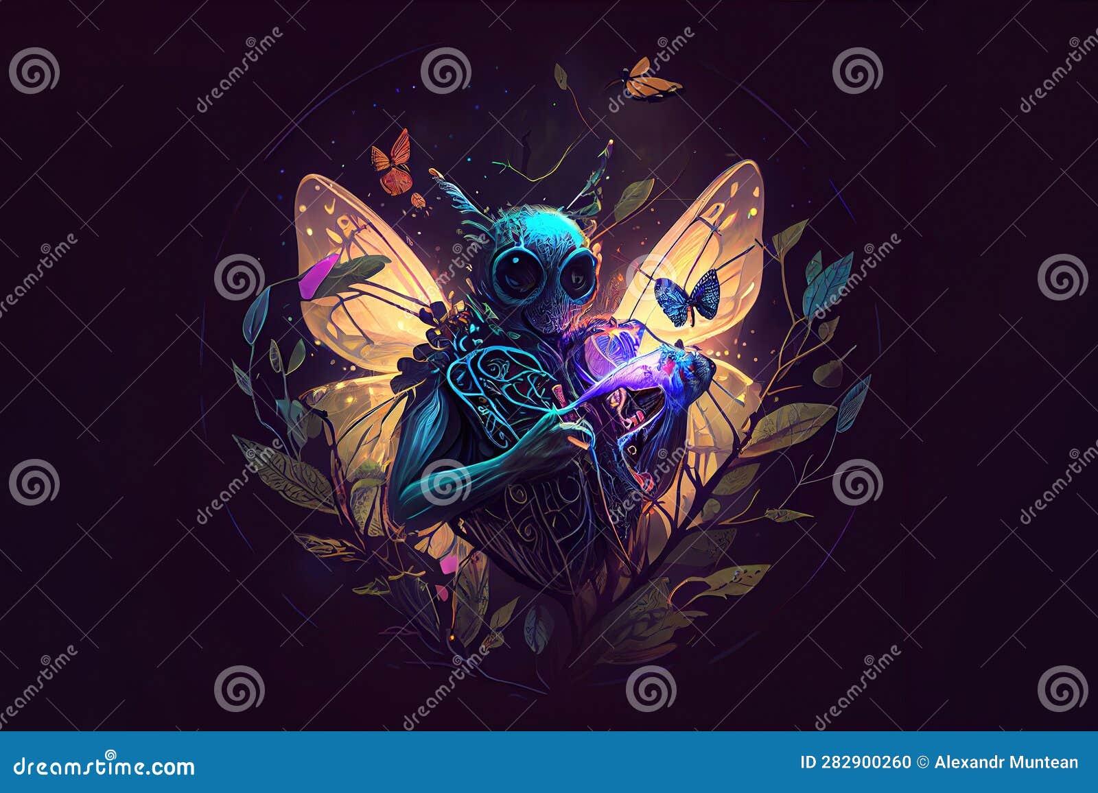Creature with Branch Head Playing Magic Banjo String Instrument. Stock ...