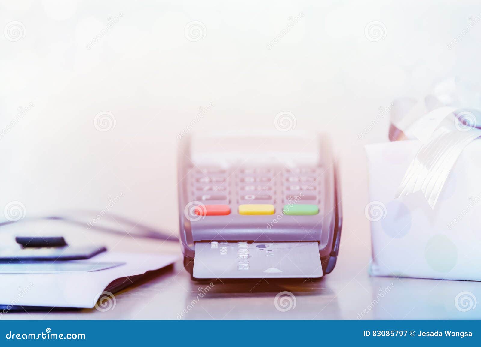 Credit Card and Chip Reader Machine, on Table with Gift Box Shallow DOF ...