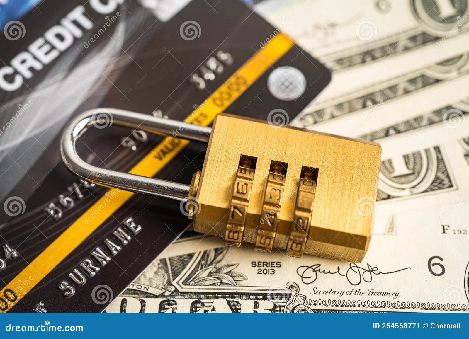 Credit Card with Password Key Lock Security on US Dollar Background ...