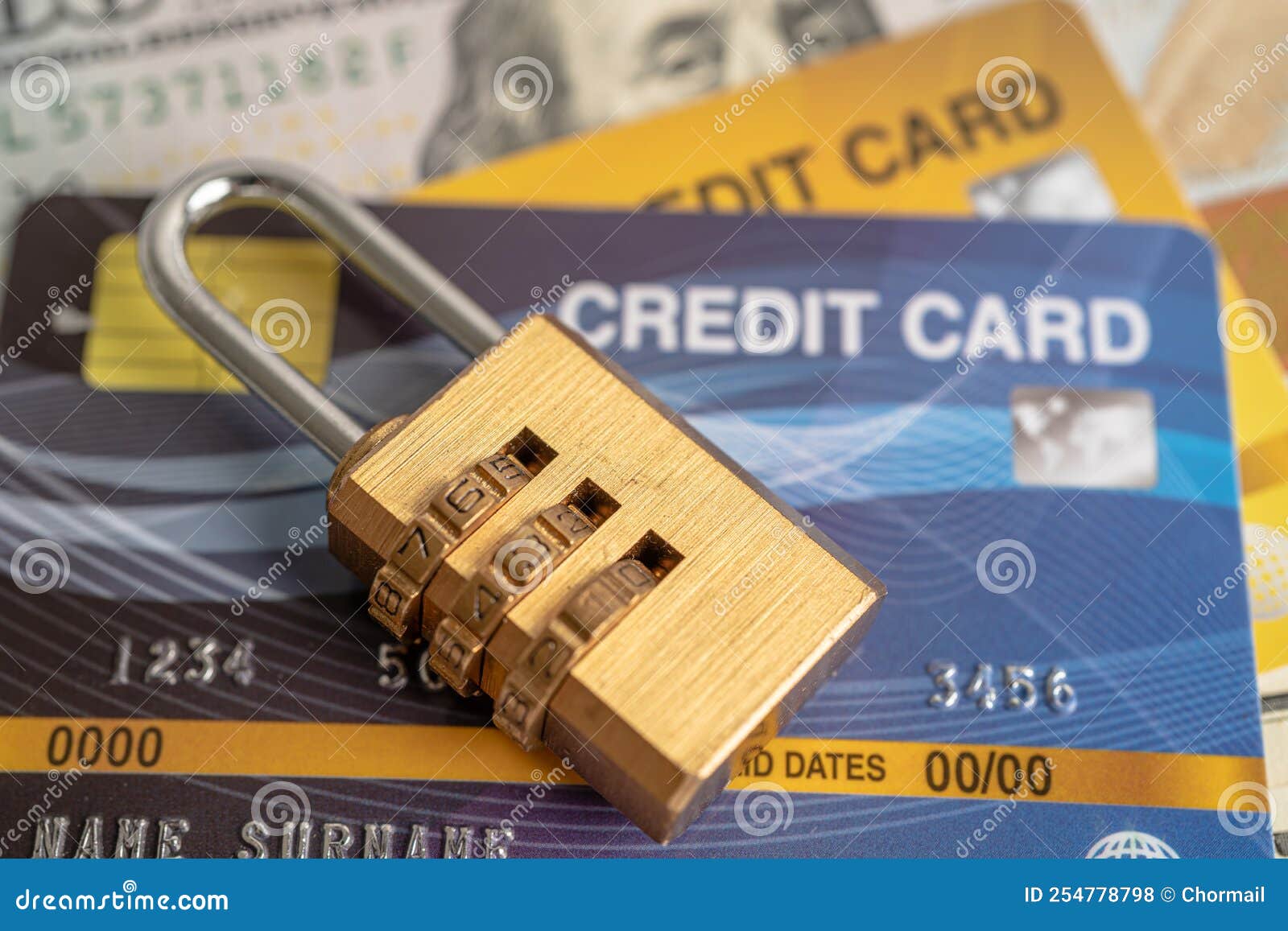 Credit Card with Password Key Lock Security on US Dollar Background ...