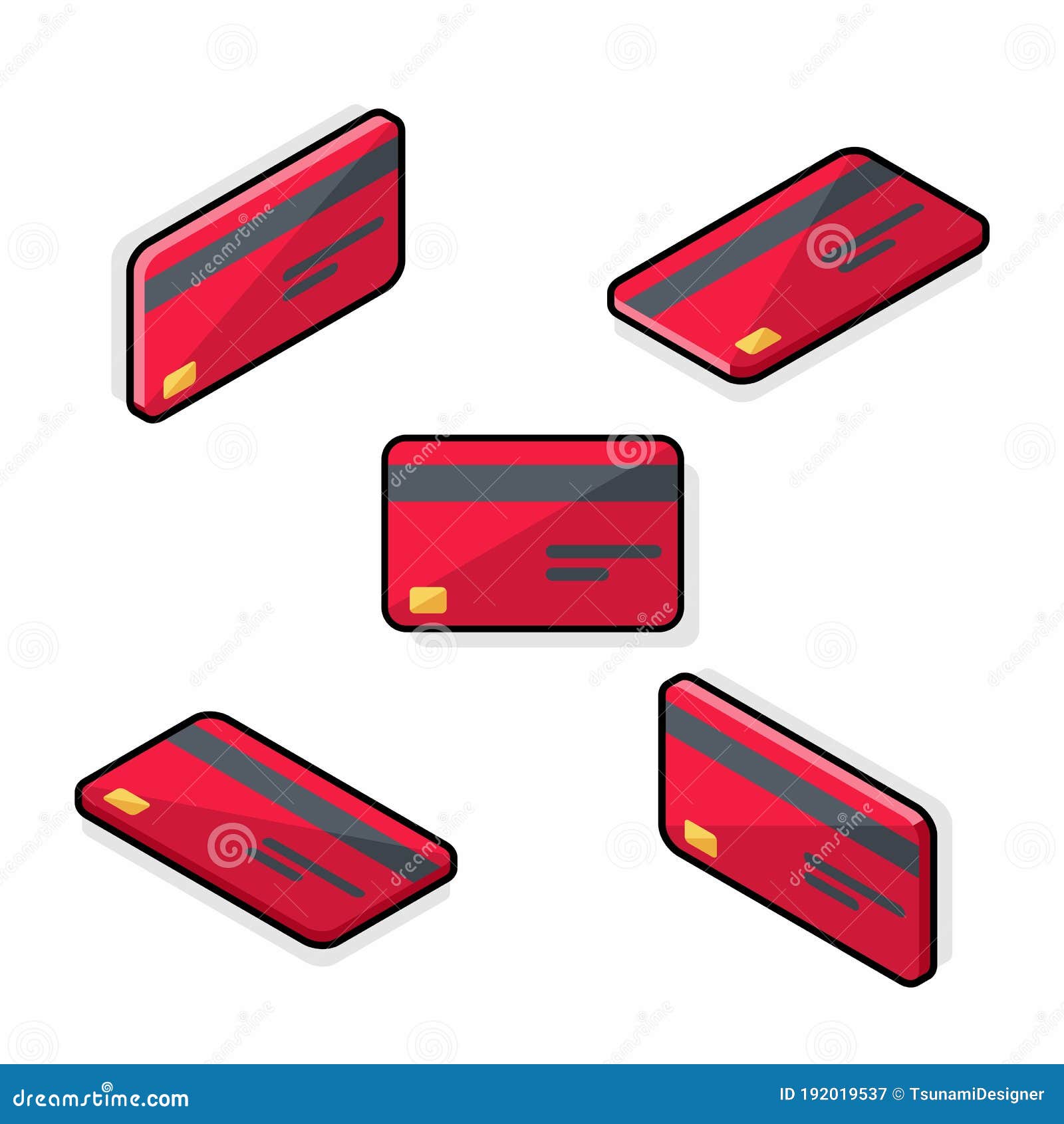 Credit Card Red Isometric & Flat - Black Stroke+Shadow Icon Vector ...