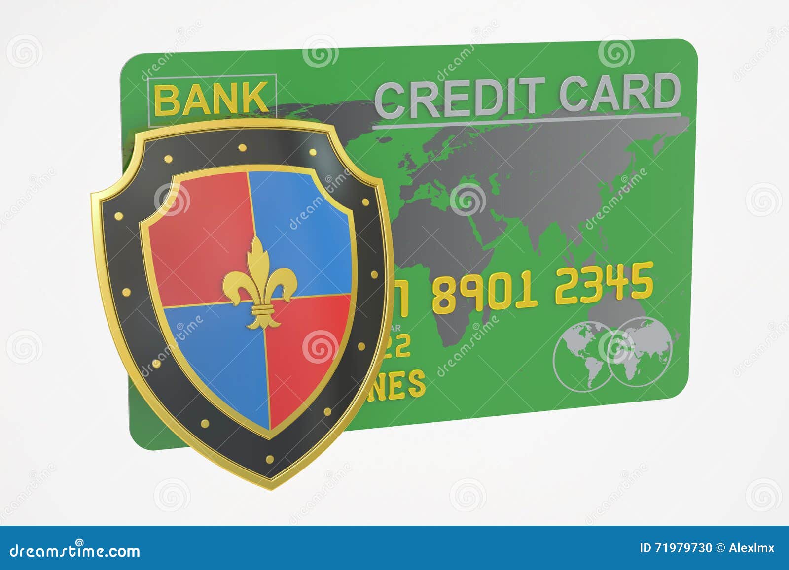 Credit Card with Security Shield, 3D Rendering Stock Illustration ...