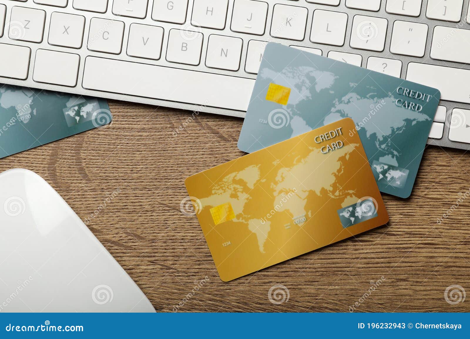 Credit Cards, Computer Keyboard and Mouse on Wooden Background, Flat ...