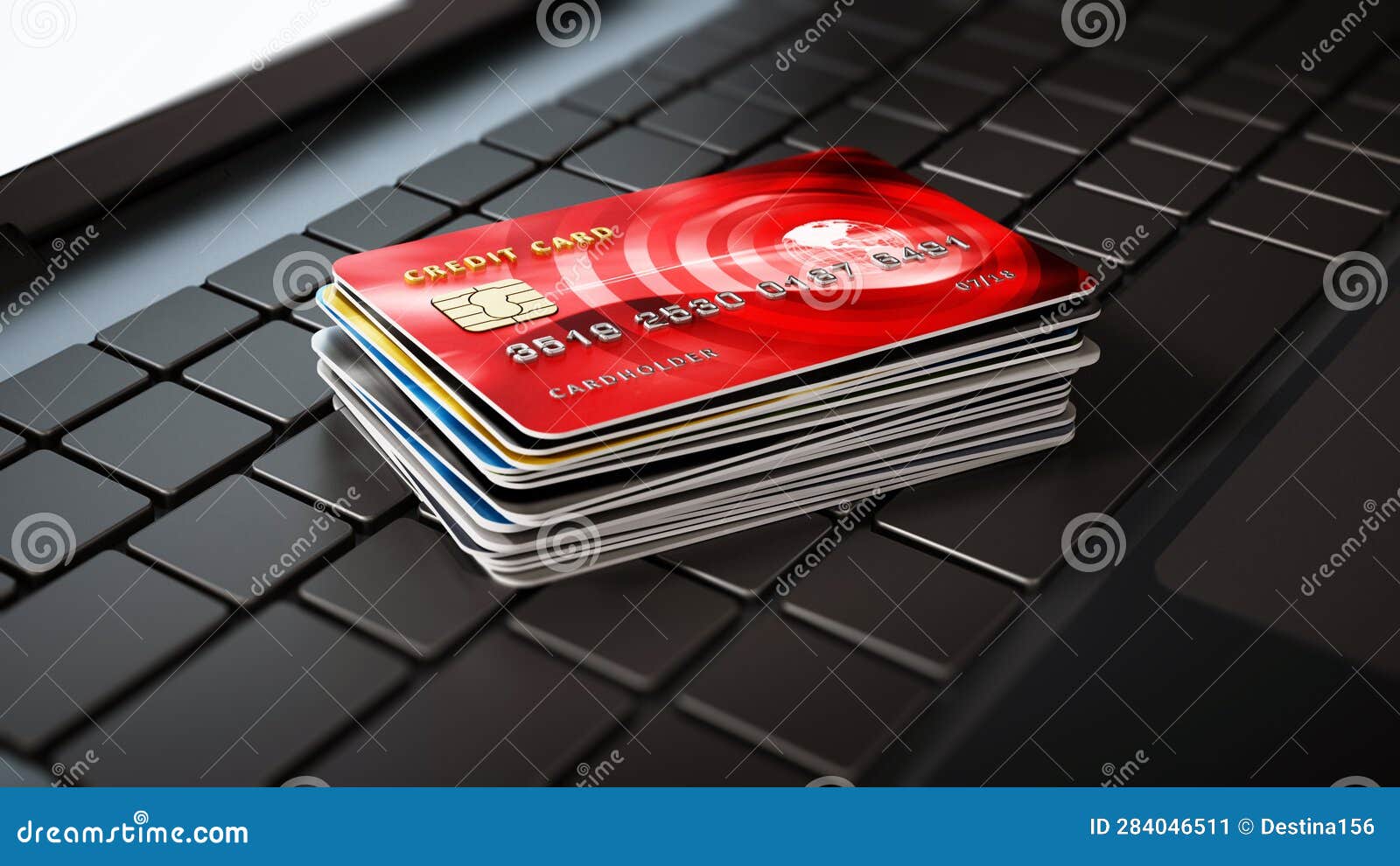 Credit Cards Standing on Laptop Computer Keyboard. 3D Illustration ...
