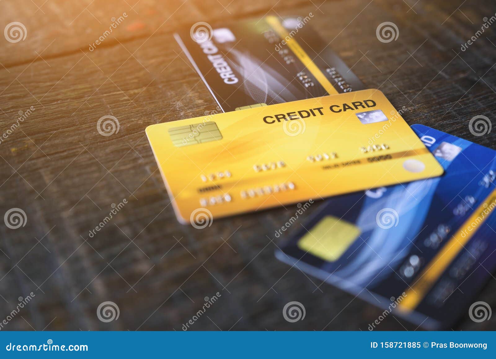 Credit Cards on Wooden Table Stock Image - Image of money, debit: 158721885